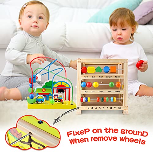 FOPNETS Wooden Toys for 1 2 Year Old Boys Girls Activity Cube Gift Set Developmental Montessori Learning Educational Toys for Toddlers Removable Bead Maze Shape Sorter 6 in 1 First Birthday Gifts