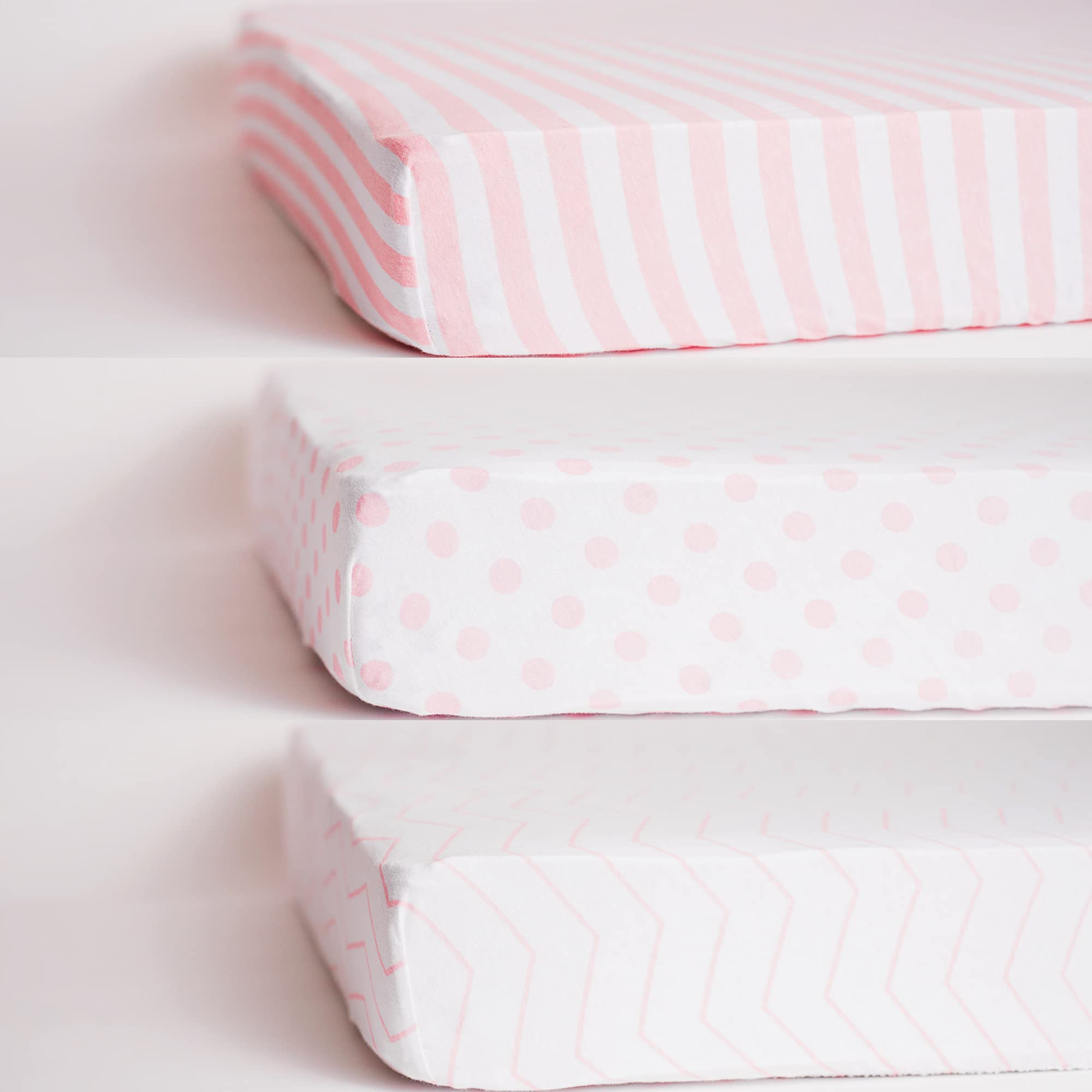 NODNAL CO. 3 Fitted Crib Sheets Pink Set for Baby Girl - 100% Oeko-TEX Cotton Nursery Bedding - Pink/White Chevron, Polka Dot, and Stripe - for Standard Baby or Toddler Crib Mattress 28”x52”x9” Sheet