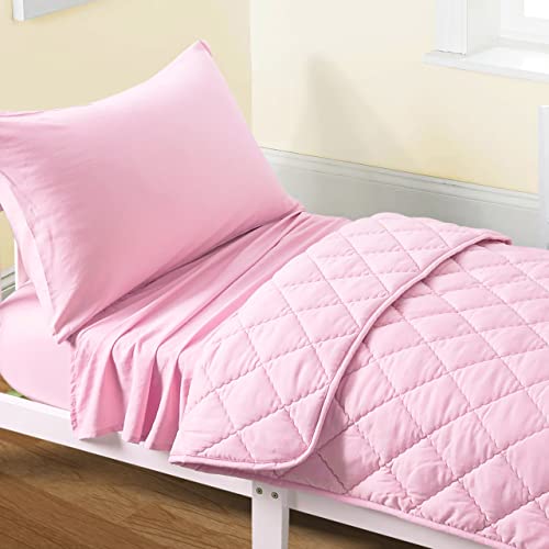 FLXXIE 4 Pieces Microfiber Toddler Bedding Set, Super Soft and Breathable Crib Sheet Set, Includes Quilted Comforter, Flat Top Sheet, Fitted Sheet, Envelope Pillow Case for Boys and Girls, Pink