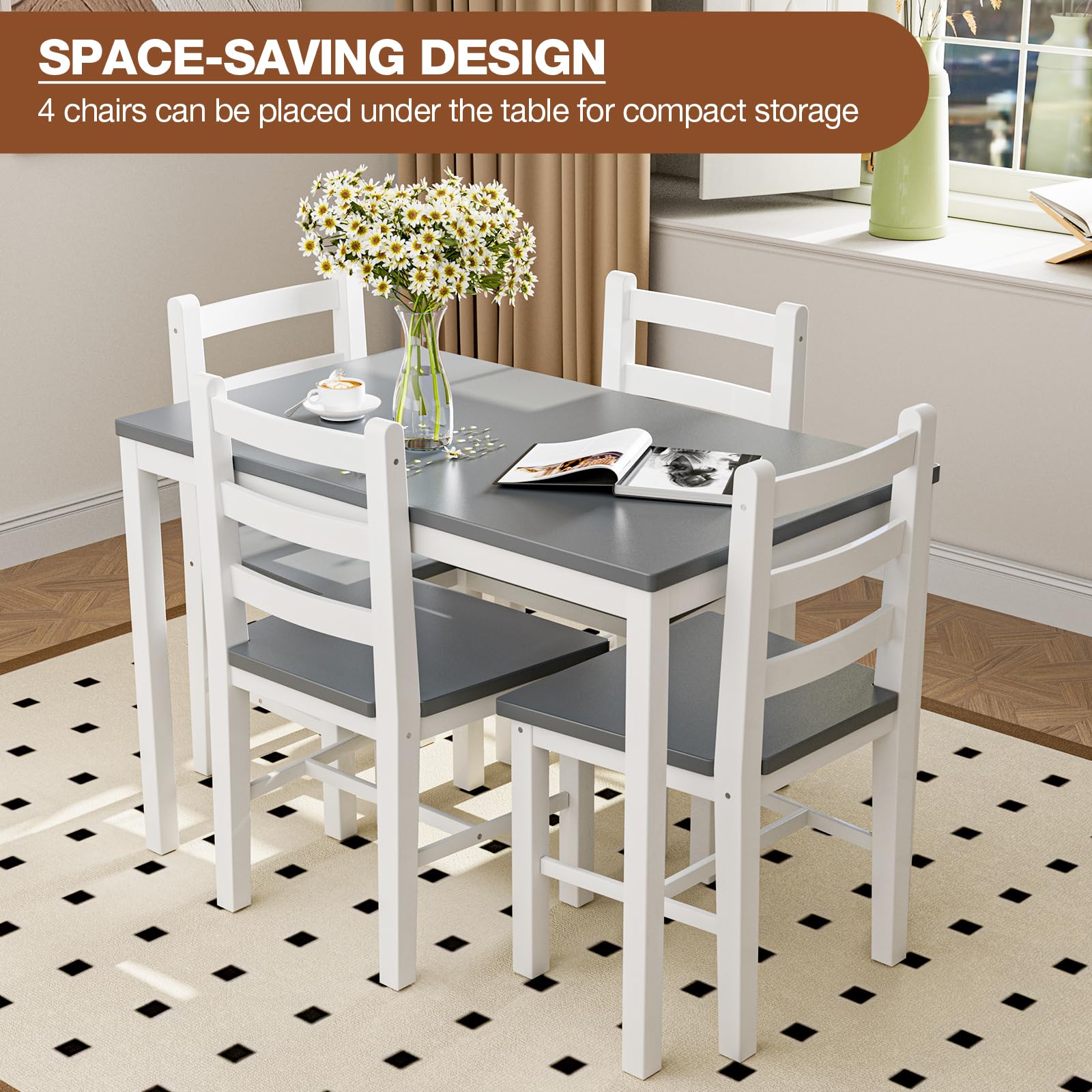 AOVSA Dining Table Set for 4, 5-Piece Small Kitchen Table Chairs Set, Farmhouse Wood Dining Furniture, Space-Saving for Home, Apartment, Kitchen, Restaurant