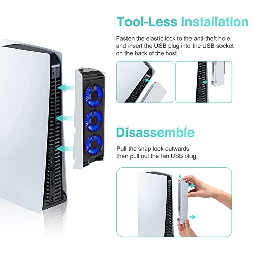 for PS5 Cooling Fan with Led Light, Quiet for PS5 Fan Cooling Fan HUIJUTCHEN for PS5 Cooler Cooling Fan for Playstation 5 fan with 3 Small Fans 3.0 USB Port 2 Fan Speed Setting fan (White)