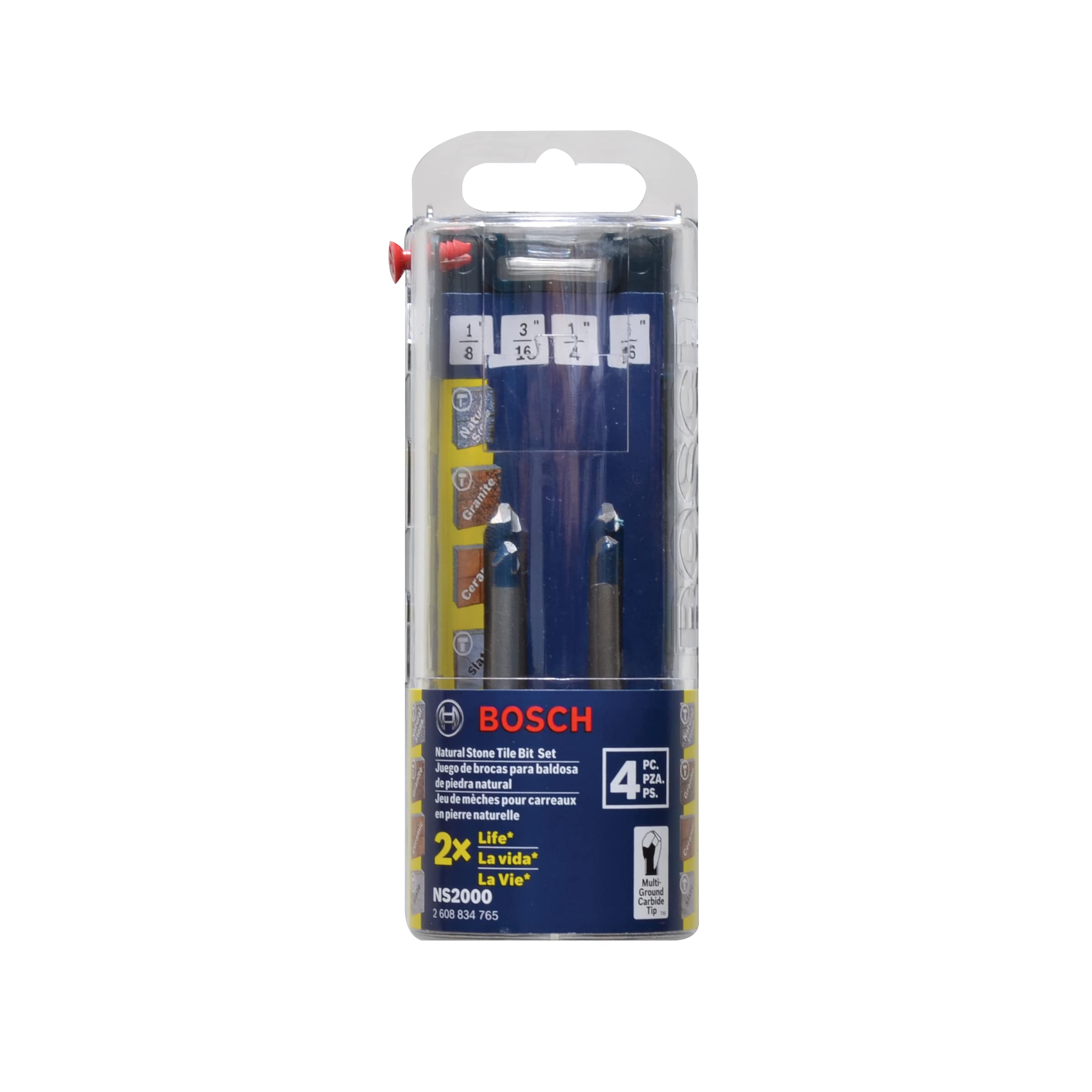 BOSCH NS2000 4-Piece Carbide Tipped Natural Stone Tile Bits Assorted Set for Drilling Natural Stone, Granite, Slate, Ceramic and Glass Tiles, Easy Application with No Water Required
