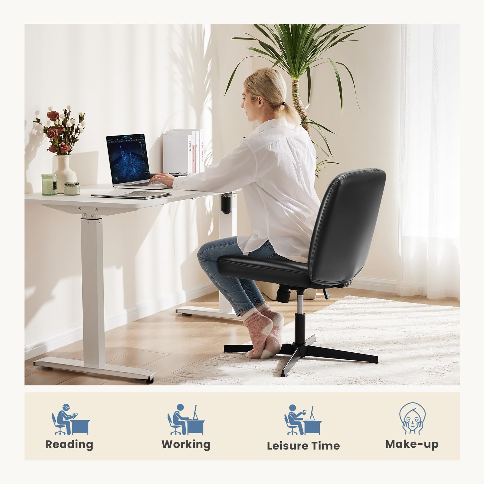 DUMOS Cross Legged Armless Wide Wheels, Modern Home Office Desk Swivel Adjustable Vanity Chair, Leather Black