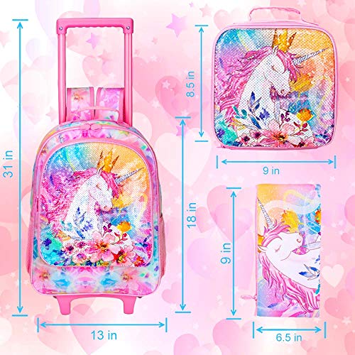 CCJPX 4PCS Kids Rolling Backpack for Girls, Unicorn Sequin Roller Wheeled Bookbag Toddler Elementary School Bag with Wheels One Size
