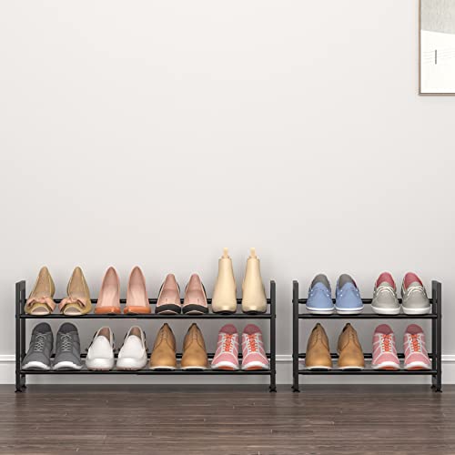 FKUO 2 Tier Shoe Rack for Closet Metal Free Standing Small Shoe Racks, Expandable Shoe Storage Organizer Shelf for Entryway, Hallway, Dorm Room (Black, 2 Tier Short)