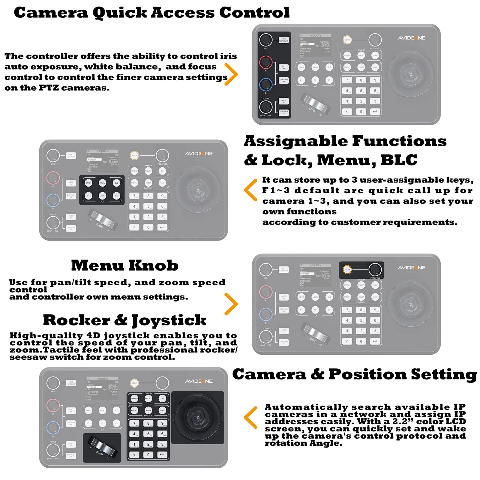 AVIDEONE PTZ Camera Controller with 4D Joystick for Church Live Streaming,Supported Onvif Visca Over IP RS422 RS485 RS232 Pelco-D/P 2.2 Inch LCD Screen