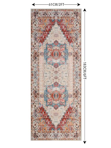 Comeet Washable Runner Rug - 2x6 Boho Hallway Runner Rug, Non-Slip Kitchen Bathroom Runner Rugs, Long Vintage Accent Area Rug for Entryway Laundry Bedroom Orange/Blue