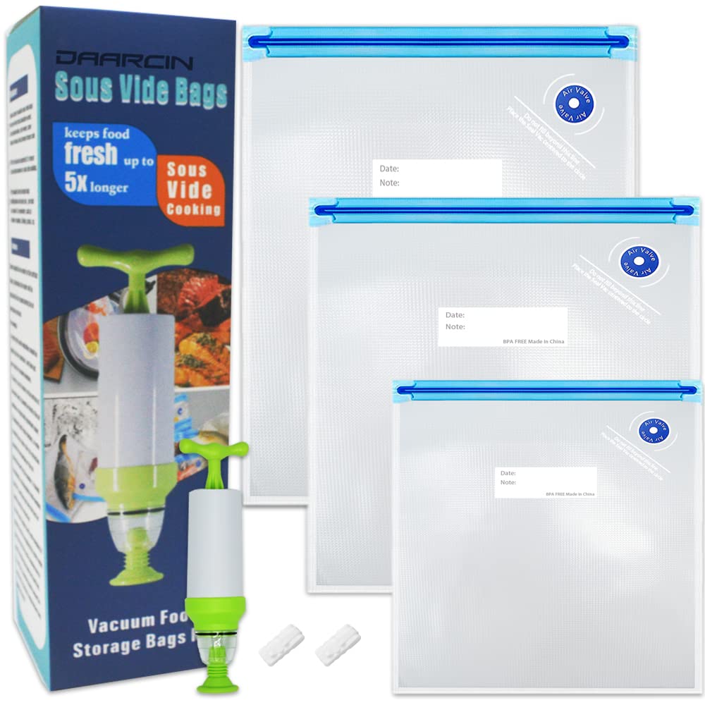 Daarcin 3 Size 40pcs Sous Vide Bags BPA Free Reusable Vacuum Sealer Bags Kit Keep Food Flesh with 1 Vacuum Hand Pump and 2 Sealing Clips