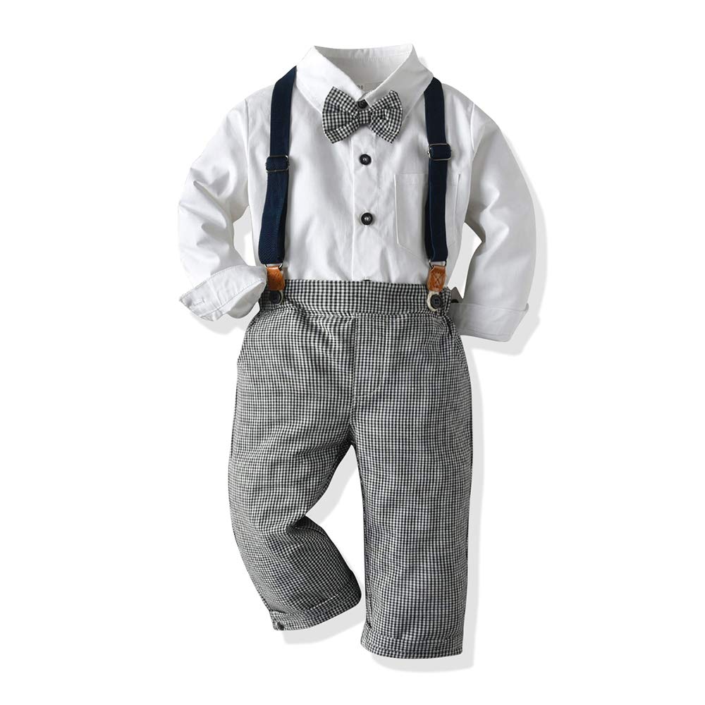 Moyikiss Studio Autumn Winter Little Boys Clothes Long Sleeve Bowtie Shirt+Suspender Pants Gentleman Outfits Sets (White-a, 90/2T)