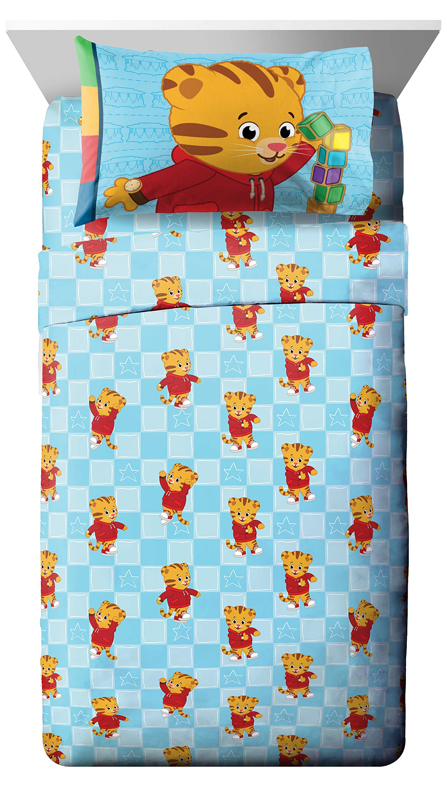 Daniel Tiger's Neighborhood Tiger Trolley 4 Piece Toddler Bed Set β Includes Comforter & Sheet Set Bedding - Super Soft Fade Resistant Microfiber (Official Daniel Tiger's Neighborhood Product)