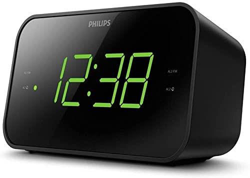 Philips Digital Alarm Clock Radio, FM Radio Alarm Clocks for Bedrooms, Dual Alarm Clock Radios for Bedroom with Battery Backup, Sleep Timer Function, Easy Snooze and Large LED Display - Black