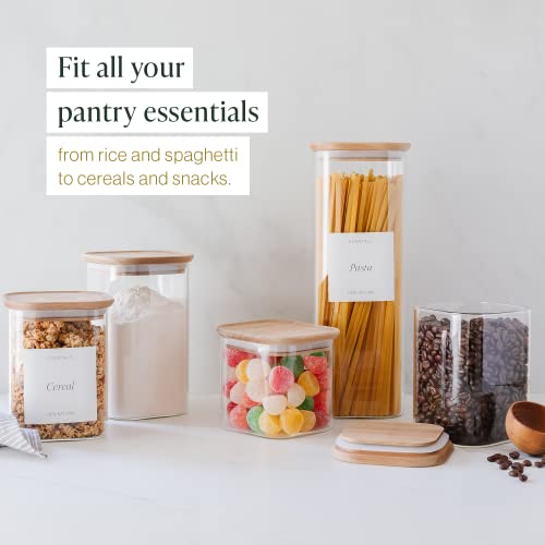 Bloom & Breeze Airtight Glass Pasta Containers for Pantry, Spaghetti Container, Glass Cereal Containers Storage, Rice Dispenser, Square Glass Storage Acacia Lids, Pack of 5