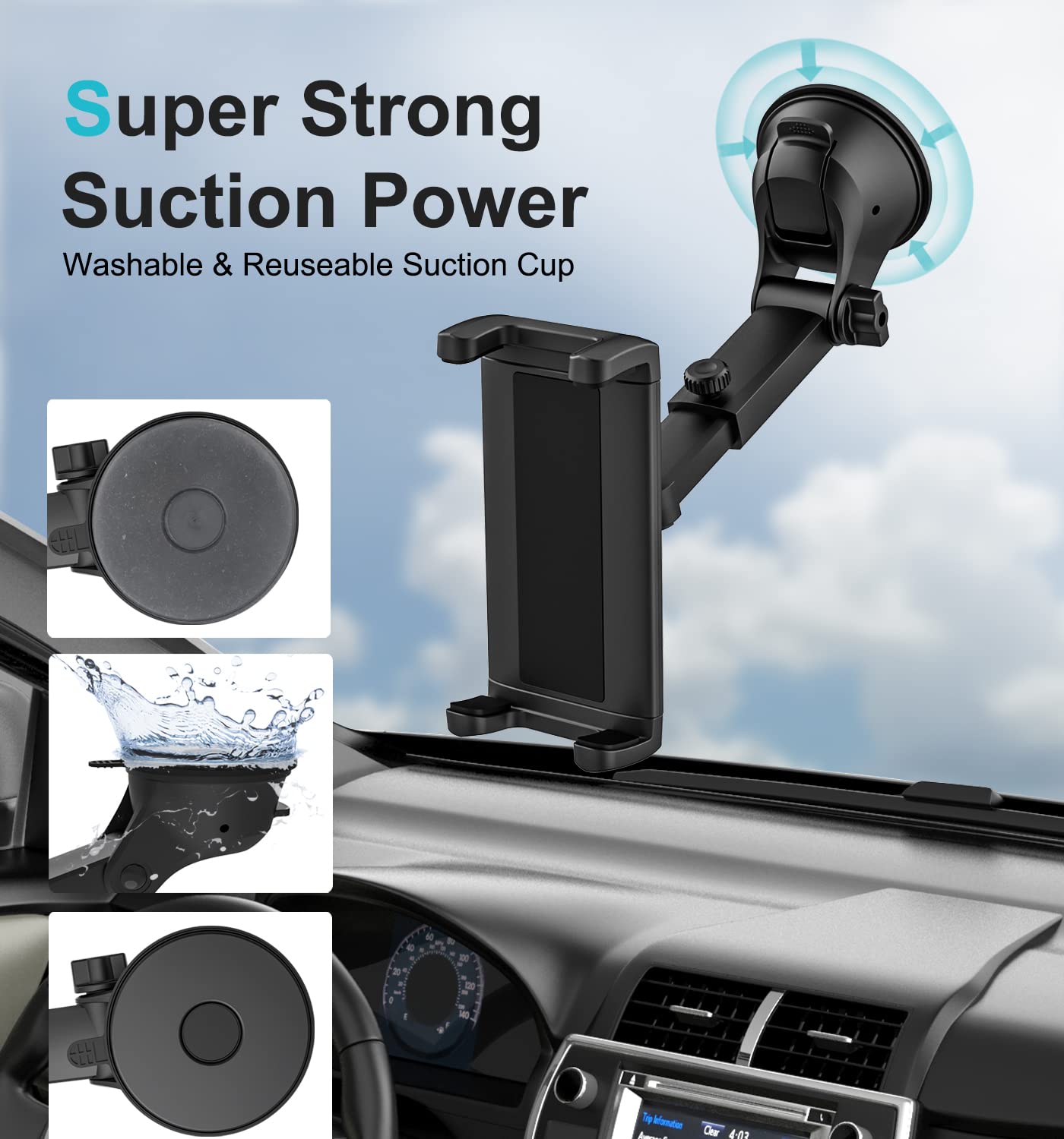 Aozcu Car Dashboard Tablet Mount for Truck, Telescopic Arm Tablet Holder with Super Sticky Suction Cup, Dash Windshield Stand for iPad Pro 12.9 11 Mini Air 5 4 3, Galaxy Tabs, iPhone, 4-13" Tablets