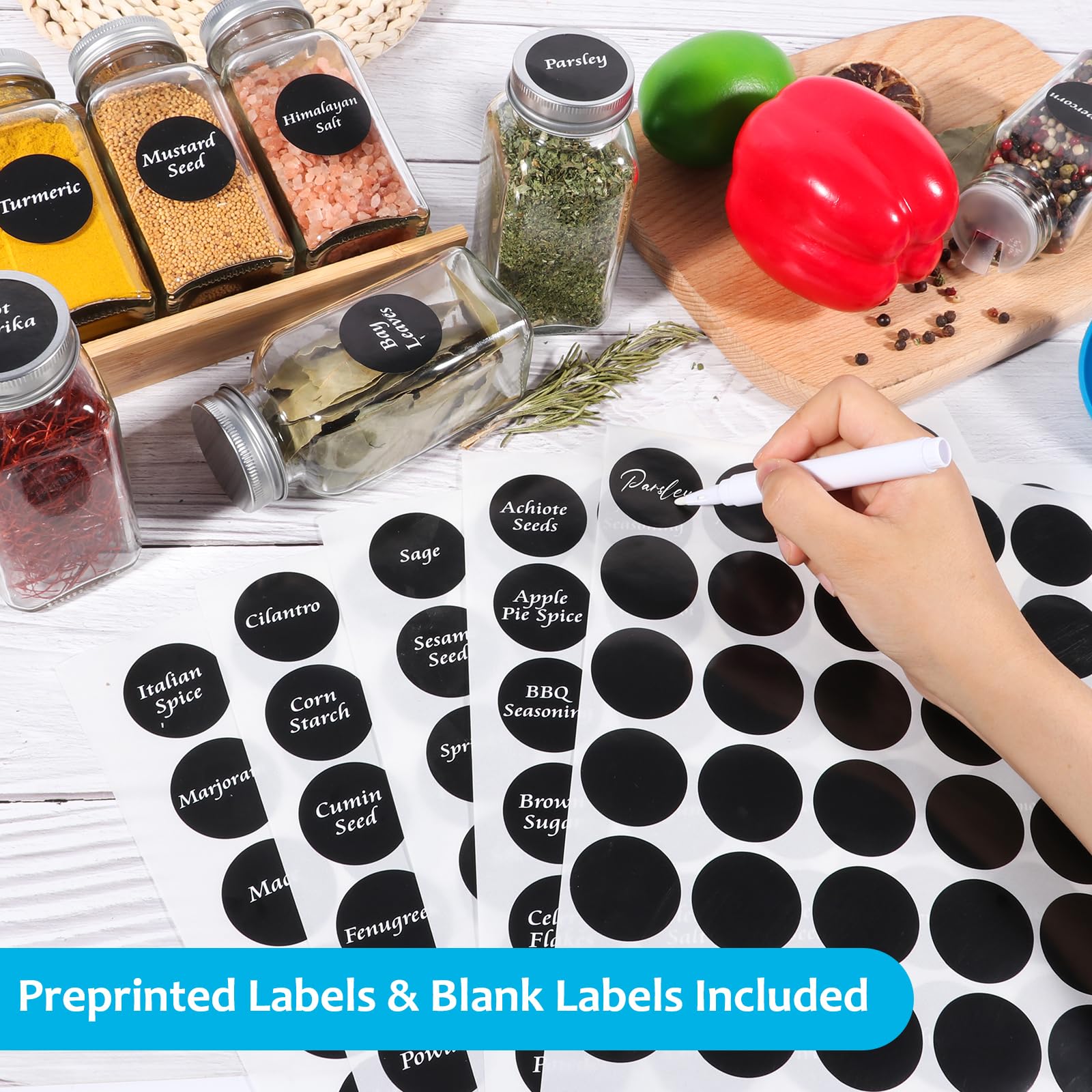 AuroTrends Spice Jars with Labels 6oz 16Pack, Glass Spice Jars with Shaker Lids Complete Set-6oz Seasoning Containers with 180 Waterproof Spice Labels |Chalk Marker |Straw Brush |Funnel