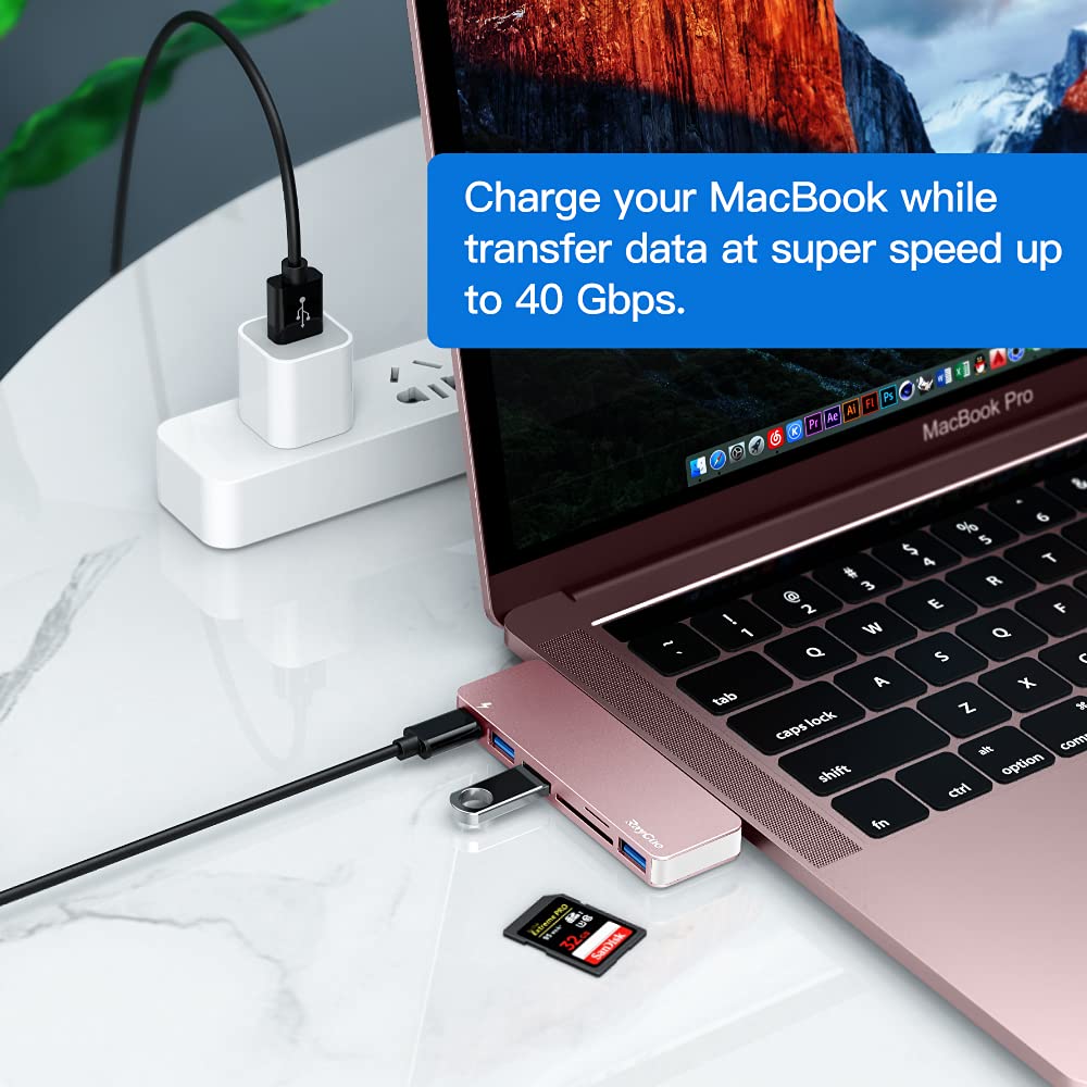 RayCue USB C Hub Adapter for MacBook Pro/Air M1 M2 M3 2023-2016, 6 in-1 USB-C Accessories Compatible with MacBook Pro 13″ and 15″ with 3 USB 3.0 Ports, TF/SD Card Reader, USB-C Power Delivery (Pink)