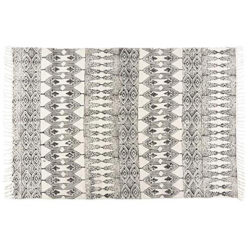 Eyes of India - 4 X 6 ft Off-White Black Cotton Block Print Area Dhurrie Rug Flat Weave Hand Woven Tassel Boho Chic Indian Bohemian Accent Handmade Handwoven