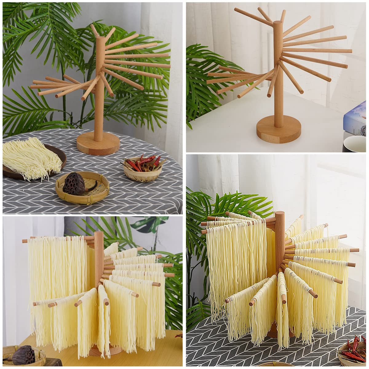 DlbvFoy Collapsible Pasta Drying Rack, Wooden Spaghetti Stand Dryer with 16 Suspension Rods Homemade Fresh Noodle Hanger, Noodle Drying Rack Easy Storage and Quick Set-Up Hanging Rack