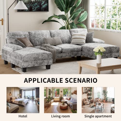 Flamaker Convertible Sectional Sofa Couch, Modern Fabric U-Shaped Living Room Furniture Set, 4-Seat Sectional Sleeper Sofa with Double Chaise & Memory Foam (Grey)
