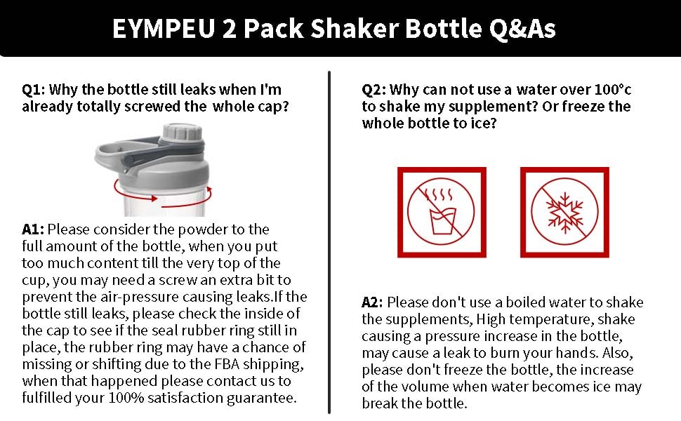 EYMPEU 2 Pack Shaker Bottle Work Out BPA & Phthalate-free, Solid Screw lid Leakproof Shaker Cup Dishwasher Safe for Protein Mixes 24oz, Clear Grey