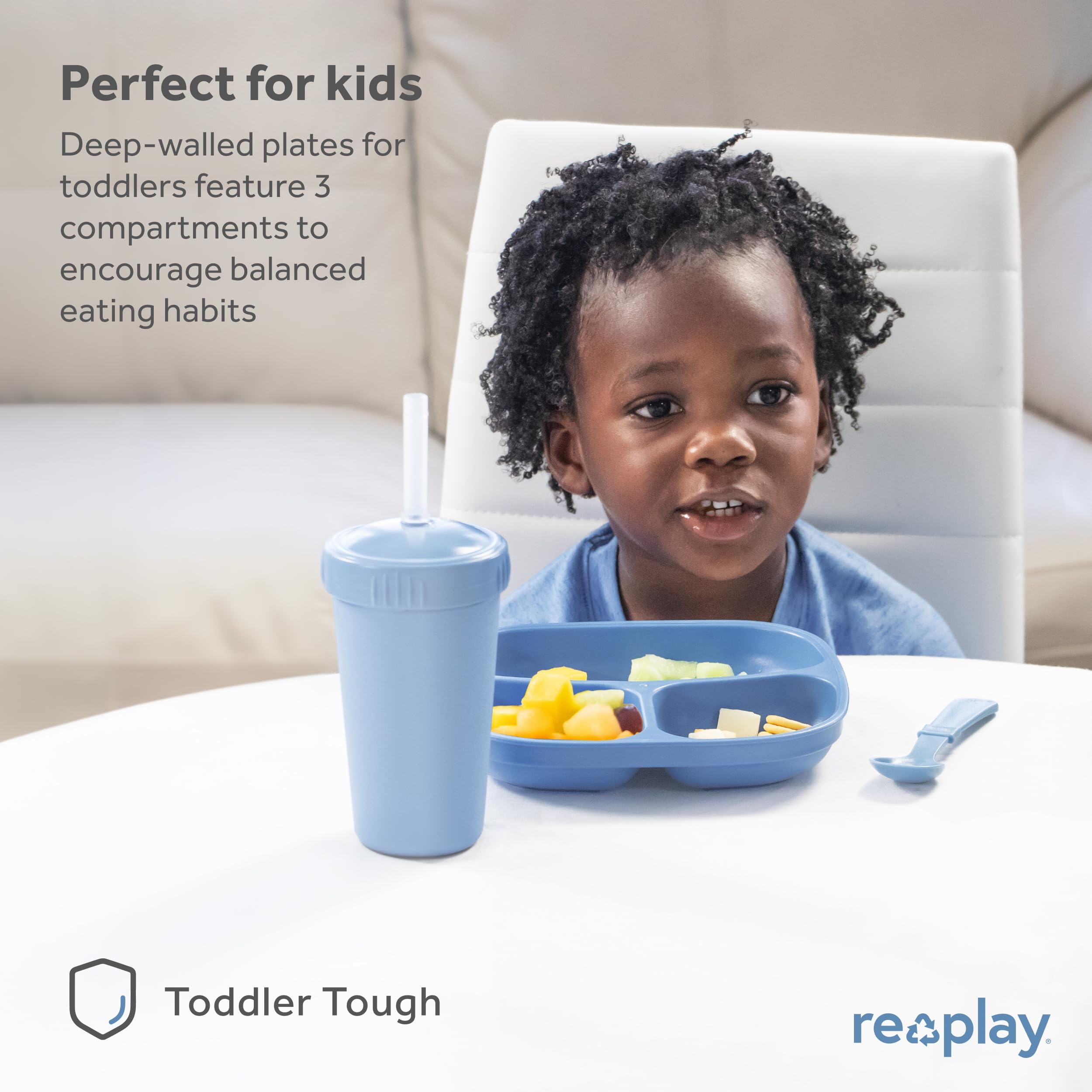 Re-Play Made in USA Deep Walled 3 Compartment Plates, Pack of 3 - Reusable Divided Plates for Kids, Dishwasher and Microwave Safe - Durable Toddler Plates 7.37" x 7.37" x 1.25", White