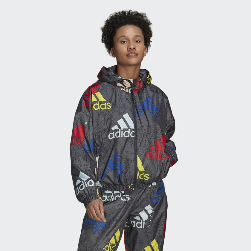adidas Women's Essentials Multi-Colored Logo Windbreaker, Carbon/Multicolor/White, Small