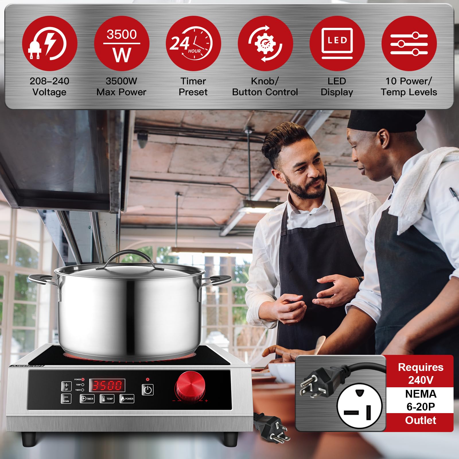 AiedCom 3500W 220V~240V Commercial Induction Cooktop, Powerful Electric Induction Burner, Countertop Electric Stove with Digital Sensor, Touch/Knob Control