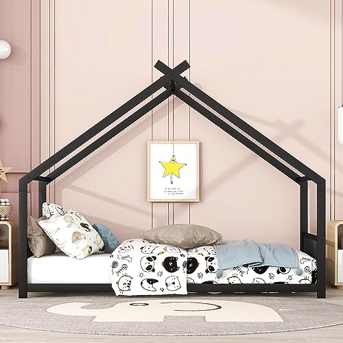 DNYN Twin Size Metal House Bed with Roof Design for Kids Bedroom,Sturdy Steel Bedframe,No Box Spring Needed, Black