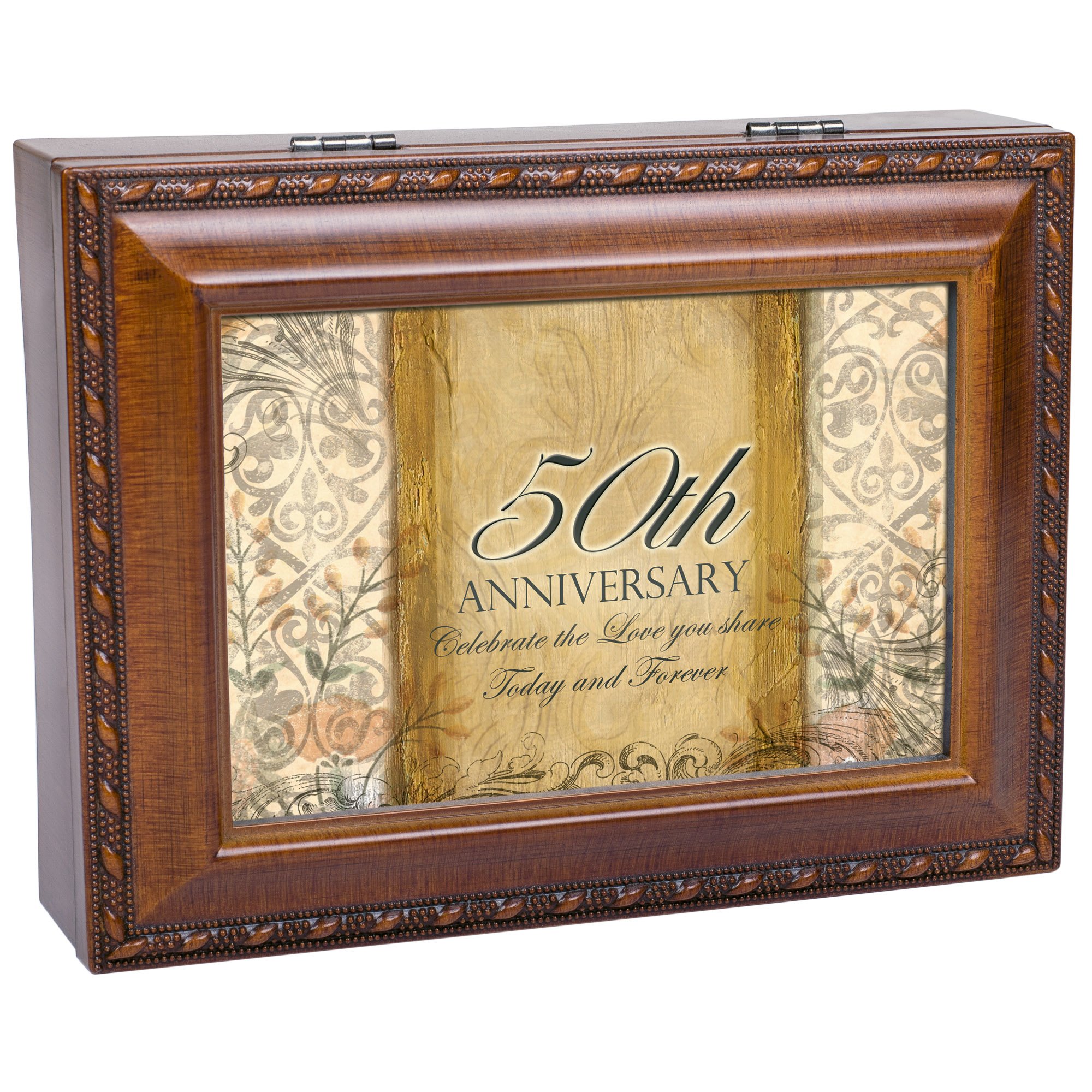 Cottage Garden 50th Anniversary Woodgrain Rope Trim Jewelry Music Box Plays Unchained Melody