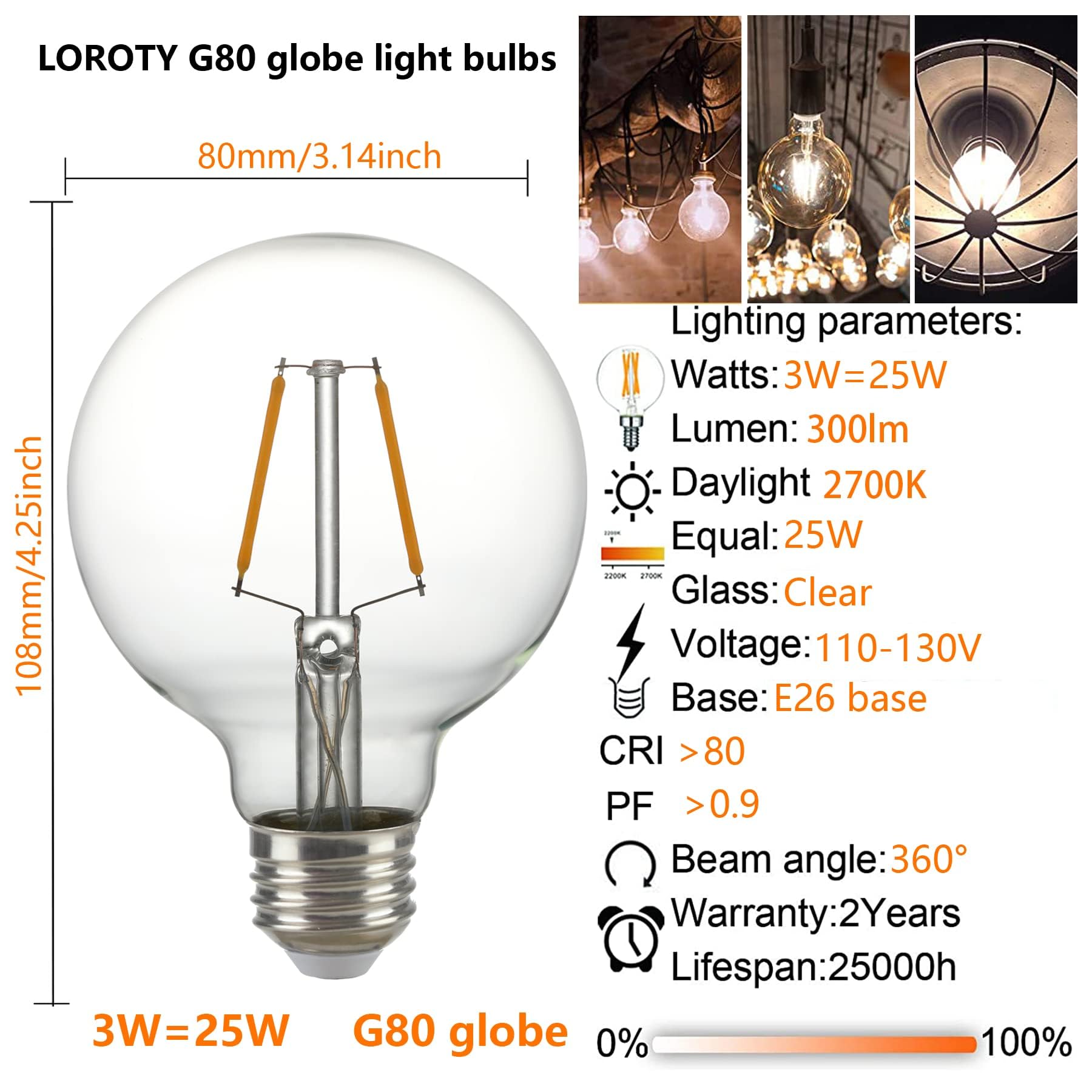 Globe Led Light Bulbs 3W 2700K 25 Watt Equivalent, E26 Dimmable Warm White 300LM High Brightness Round Vanity Light Bulbs, G25 Vintage Bulbs, G80 Clear Edison Bulbs for Bathroom Mirror,Ceiling Fans