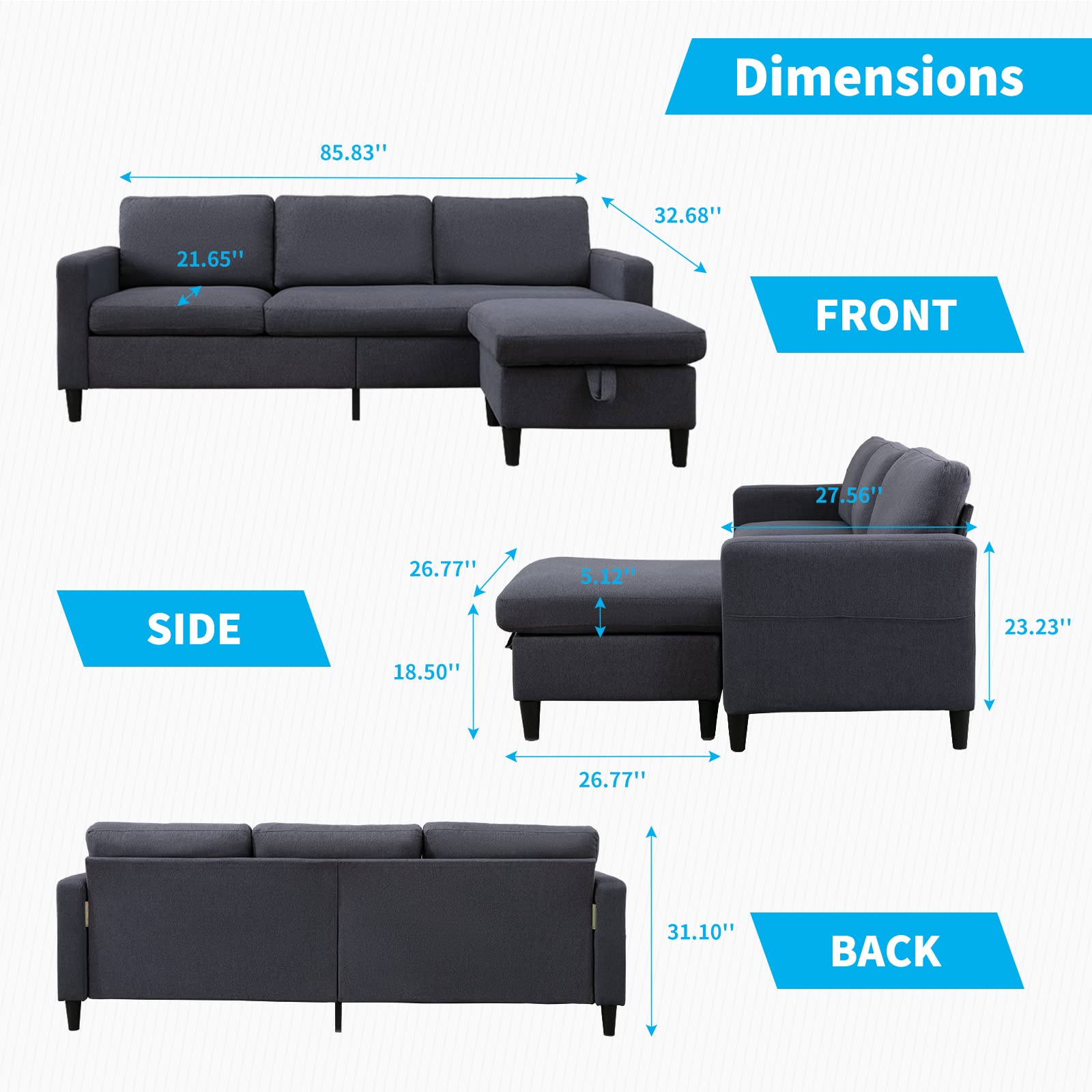 Mjkone 86" L-Shape Sectional Sofa Couch, Linen Convertible Sofa Chaise with Reversible Storage Ottoman, Large Modular Sofa with 2 Side Pockets for Living Room Apartment Studio - Dark Gray