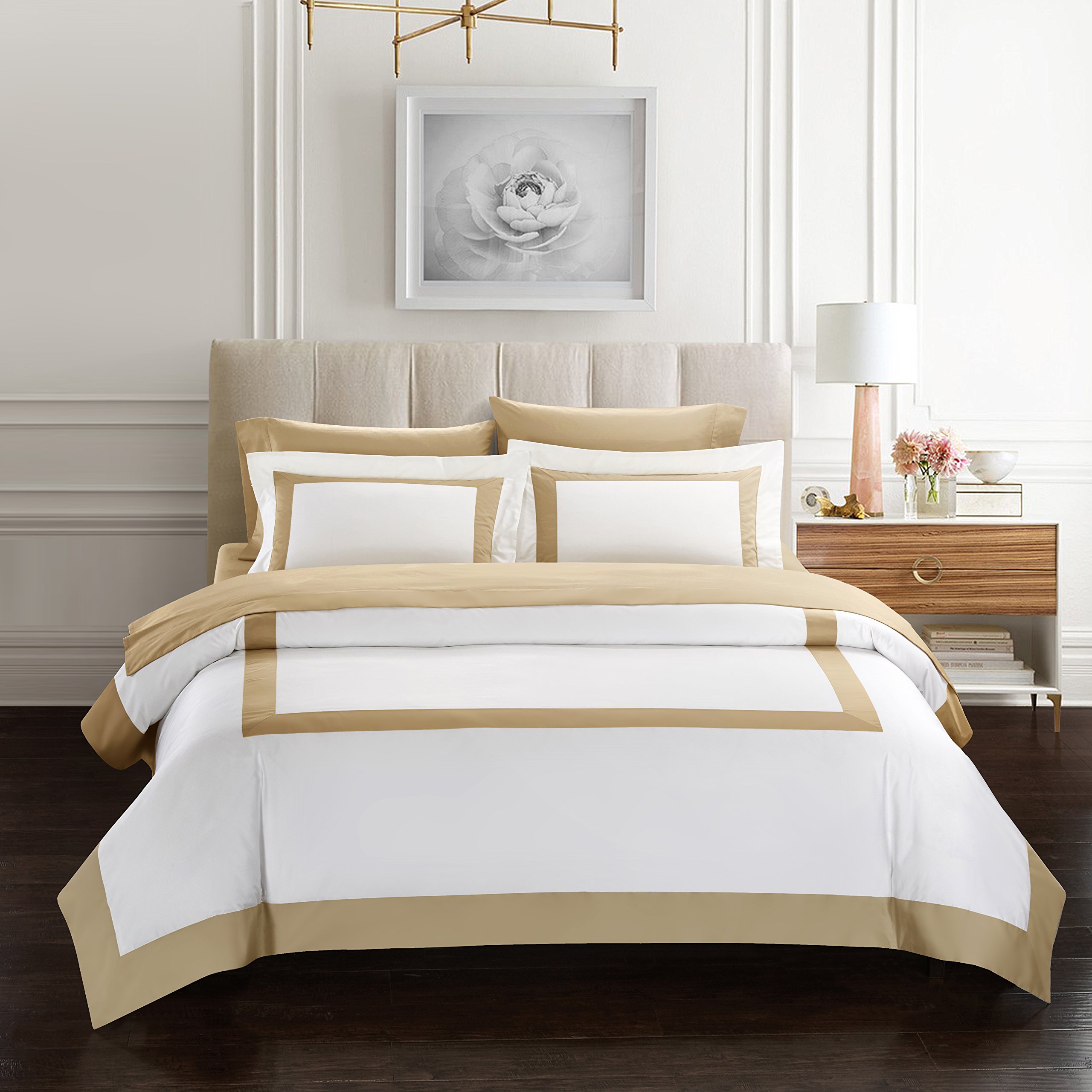 Bicolore Collection Duvet Covers Set 3 Pieces Do Not Include Filling ClassIC European 100% Egyptian Cotton Sateen Luxury 400 Thread Count Frame Patchwork Manufacturing(White/Beige,King)