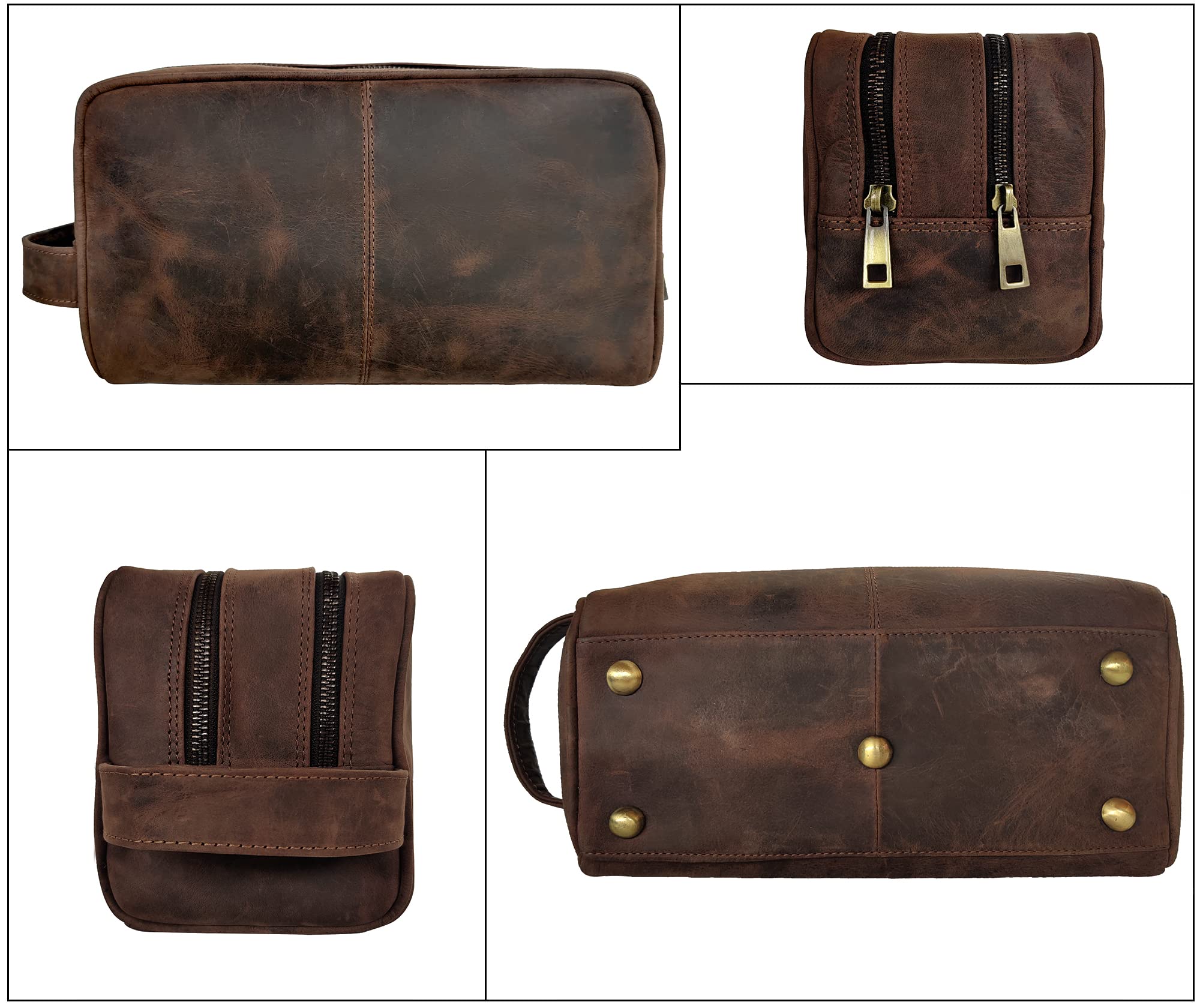RUSTIC TOWN Full Grain Leather Travel Toiletry Bag - Dopp Kit Organizer (Dark Brown)
