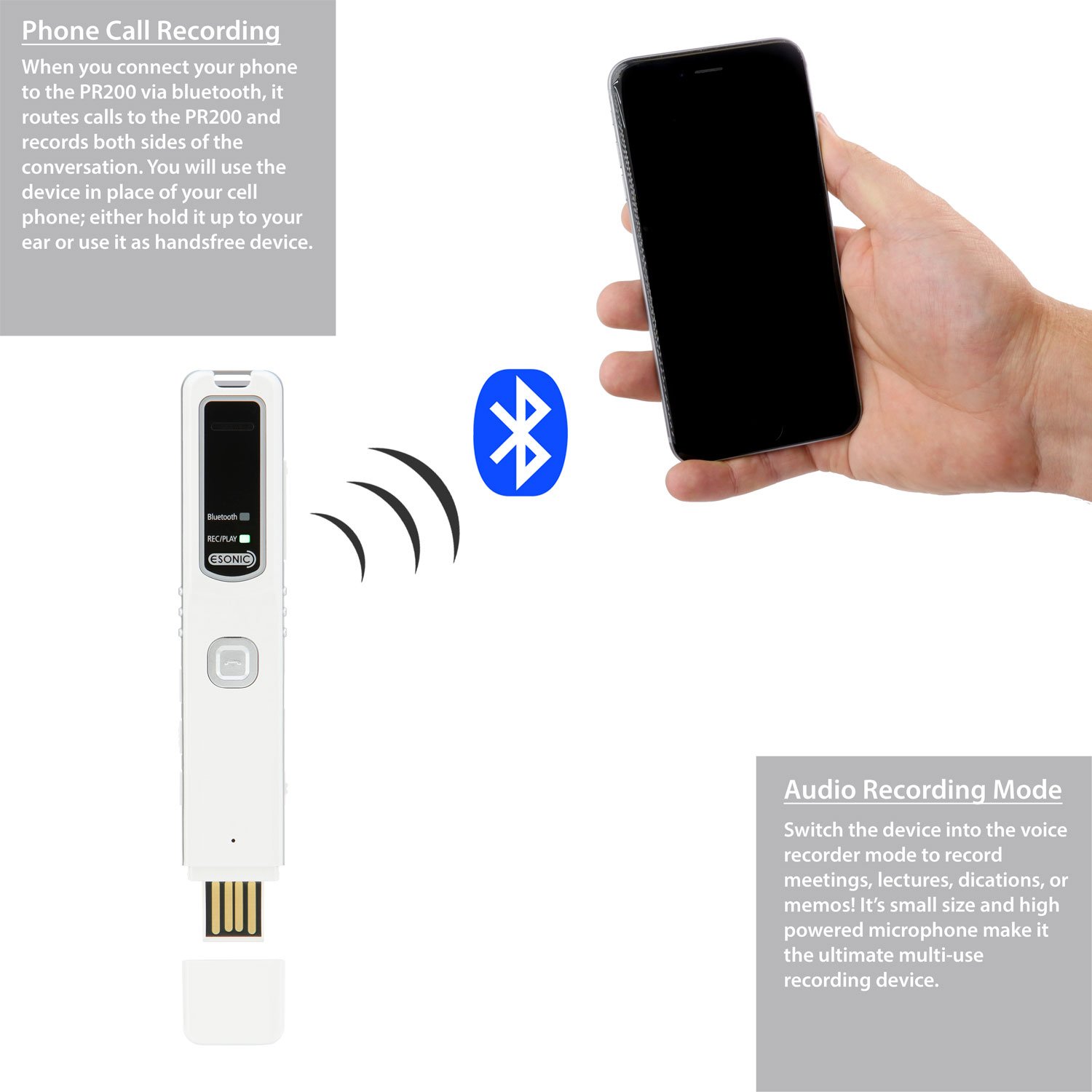 RecorderGear PR200 Bluetooth Cell Phone Call Recording Device, iPhone and Android Mobile Recorder