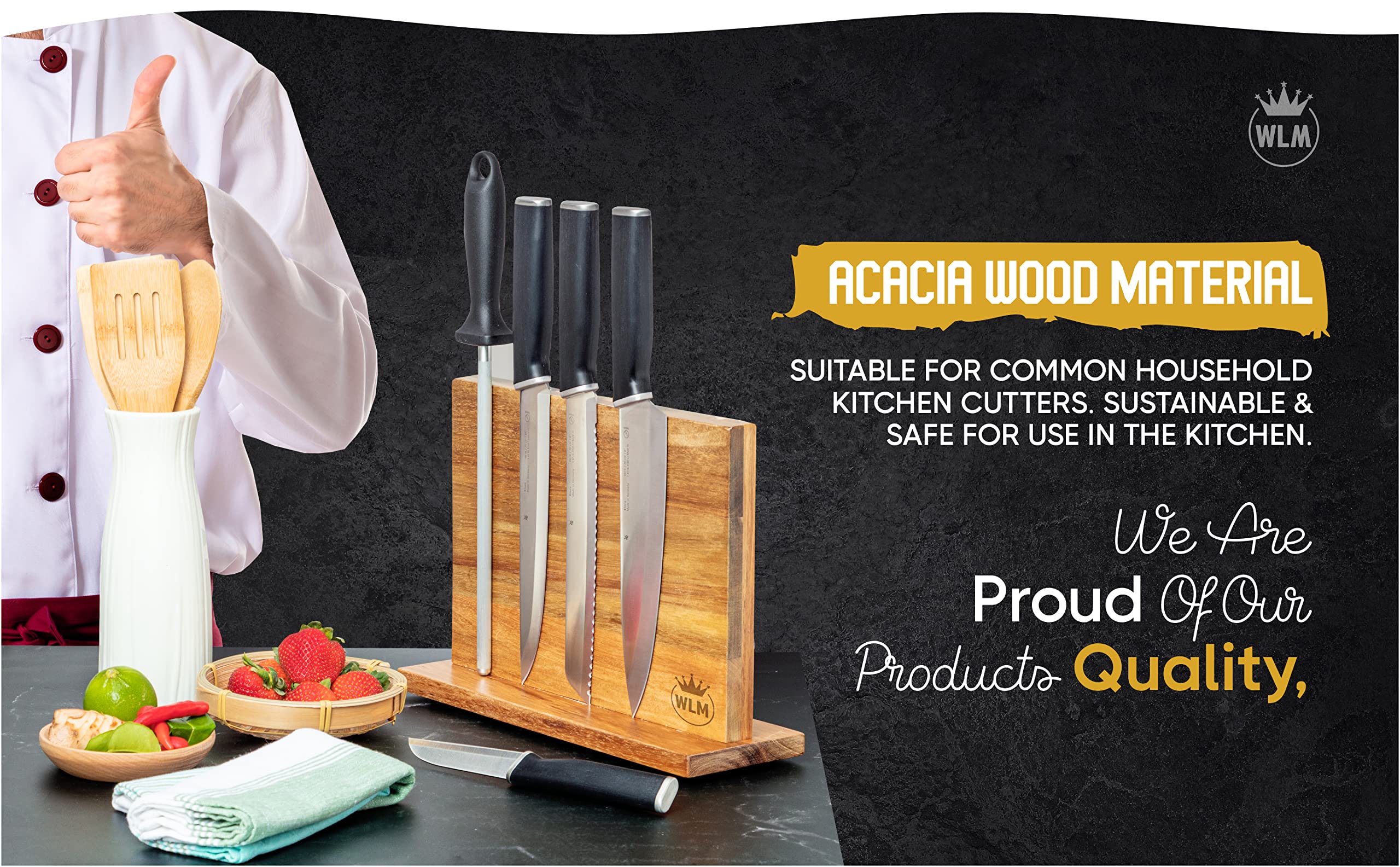 WLM Magnetic Knife Holder - Fully Assembled 12x9 In. Double-Sided Magnetic Knife Block with Strong Magnets, Acacia Wood, Multifunctional Storage Rack