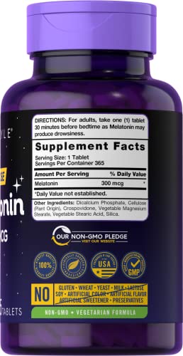 Carlyle Melatonin 300 mcg | 365 Tablets | Low Dose | Vegetarian, Non-GMO, Gluten Free