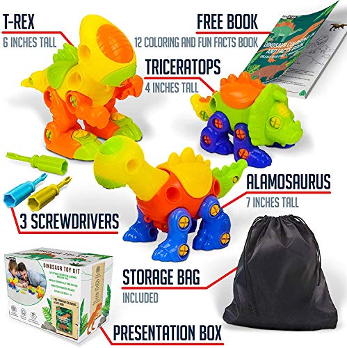 Dinosaur Building Toy Set for Kids - STEM Take Apart Construction Toys Include Build a Dino Construct & Play Kit, Storage Bag, & Coloring Book - Educational Toys, Birthday Party Toy Dinosaurs