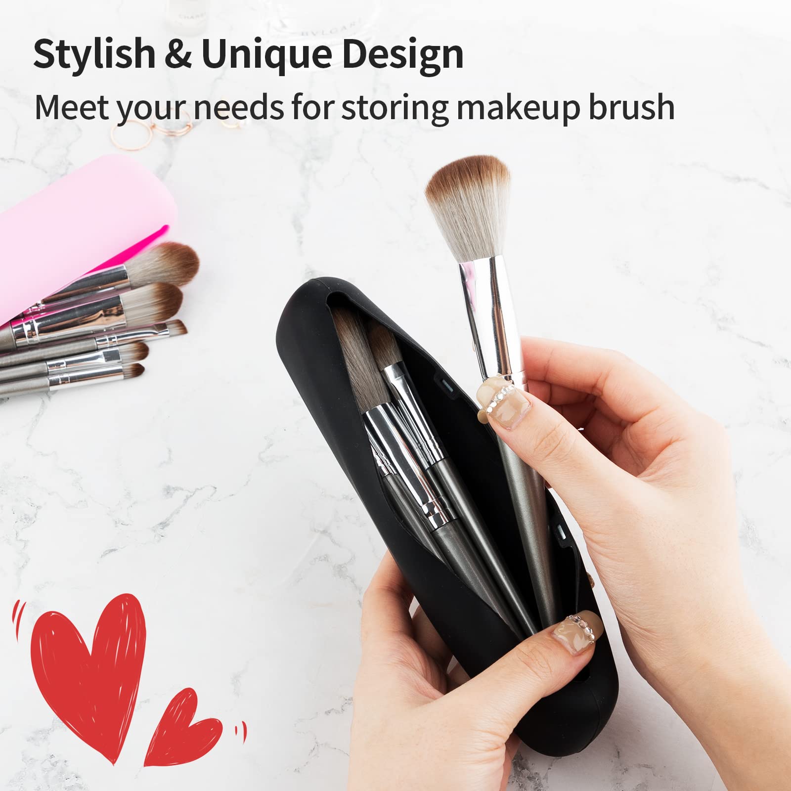 AIFEIRIC Travel Makeup Brush Holder-Silicon Trendy Brush Holder Cosmetic Bag, Soft and Sleek Makeup Tools Organizer for Travel(Black&Pink)