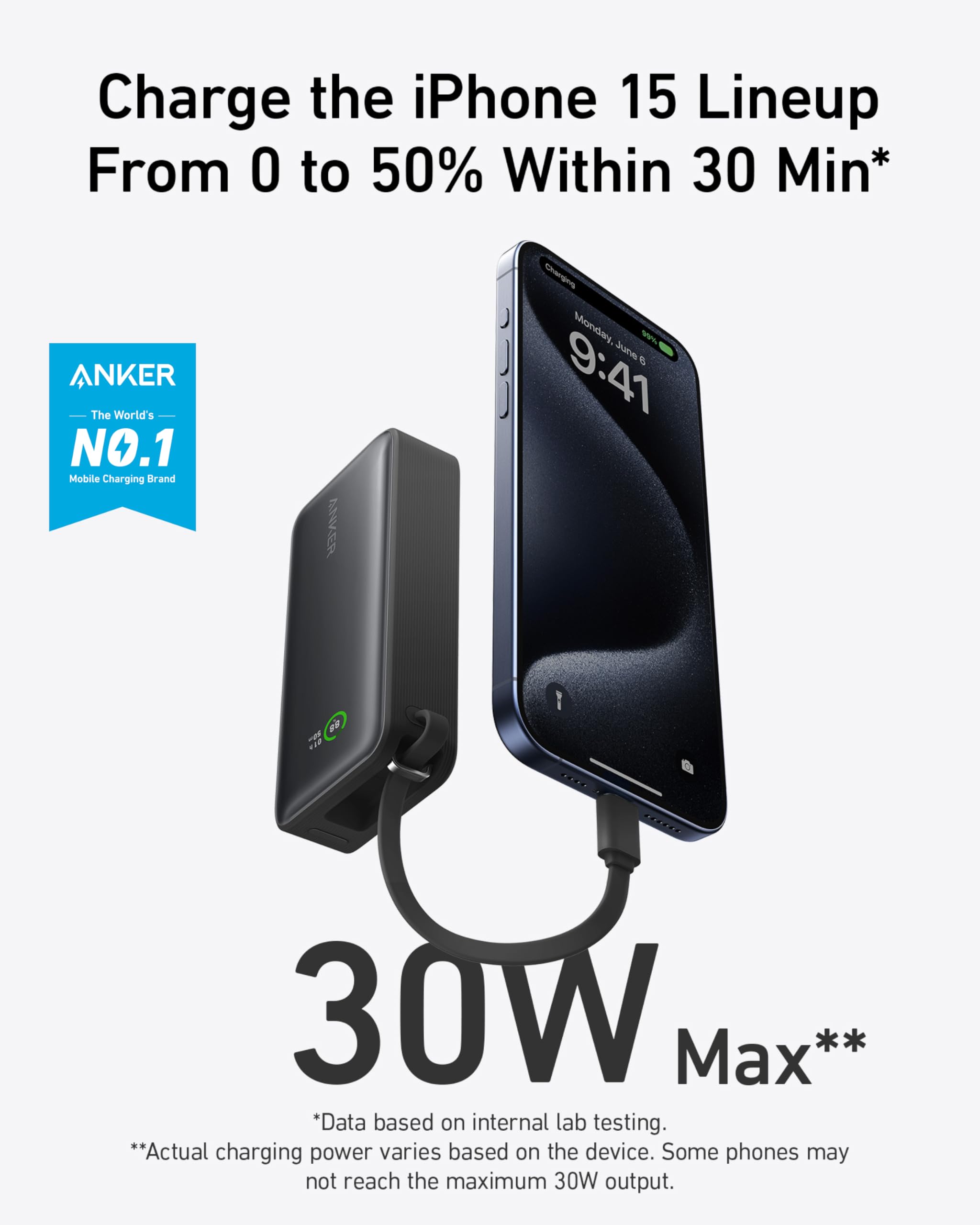 Anker Nano Power Bank, 10,000mAh Portable Charger with Built-in USB-C Cable, PD 30W Max Output with 1 USB-C, 1 USB-A, Compatible for iPhone 15/15 Plus/15 Pro/15 Pro Max, MacBook, Galaxy, iPad