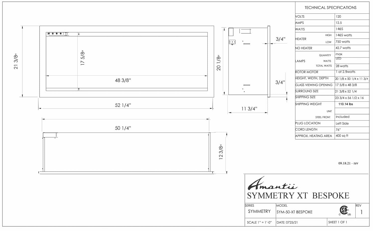 Amantii SYM-50-XT-BESPOKE Symmetry Extra Tall Bespoke 50-inch Indoor/Outdoor Electric Fireplace with Remote, Trim, Drift Log Media, and WiFi/Bluetooth Speaker