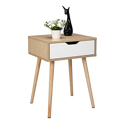 Bonnlo Wood&White Nightstands Set of 2 End Side Table with Spacious Drawer & Solid Wood Legs for Livingroom, Bedroom, Dorm
