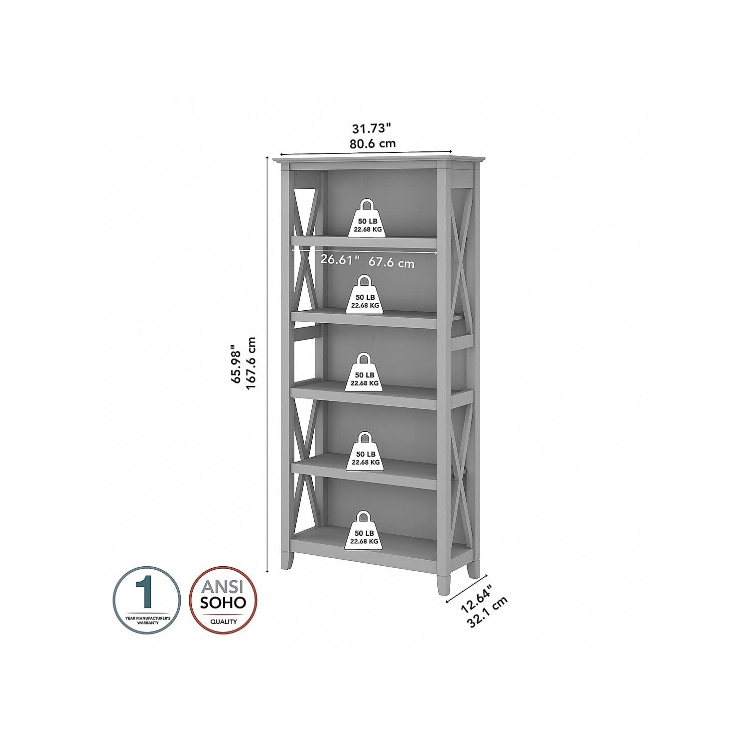 Bush Furniture Key West Bookcase Shelf in Cape Cod Gray | Farmhouse Bookshelf Display Cabinet for Library, Bedroom, Living Room, and Office