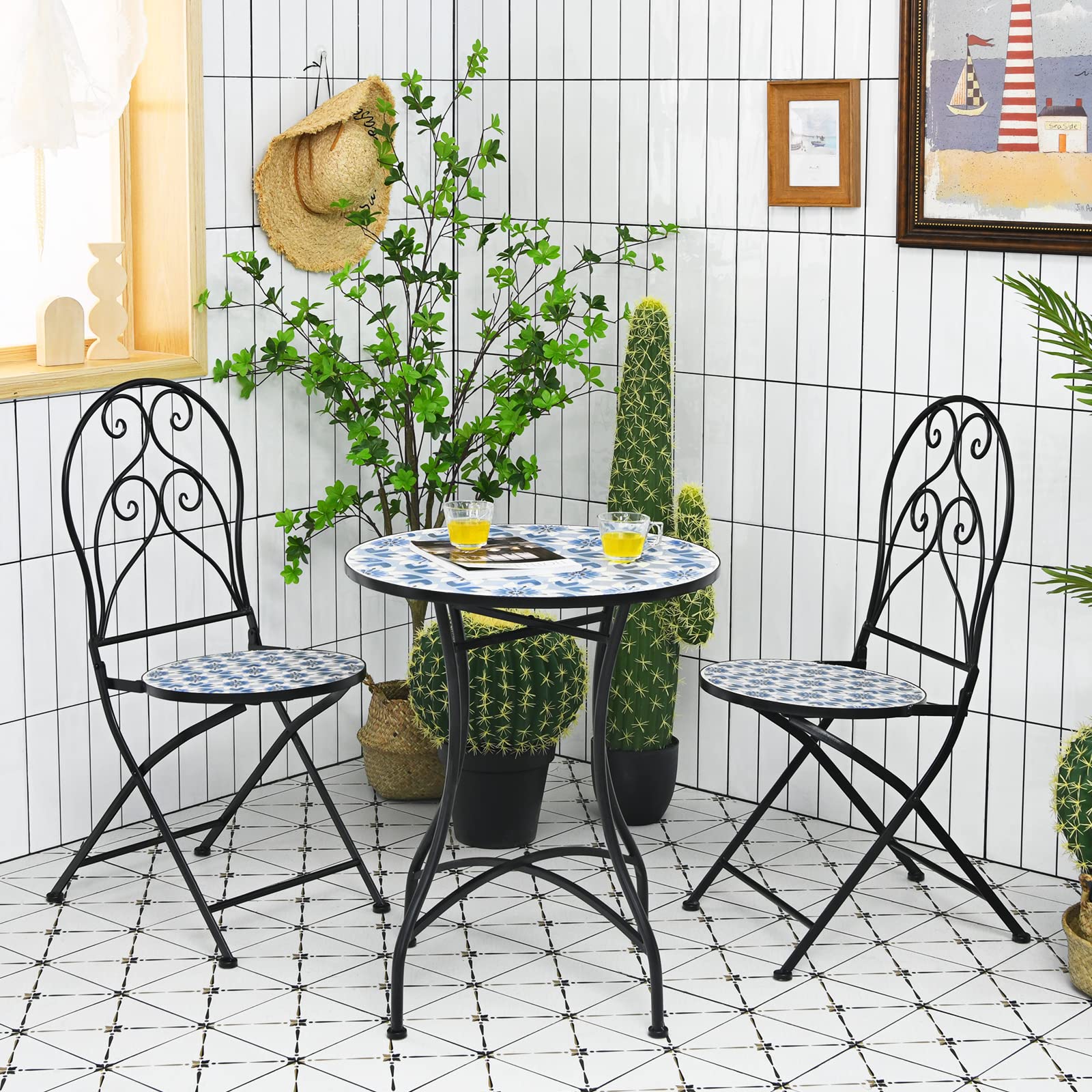 Giantex 2 Pieces Folding Bistro Chairs, Mosaic Patio Chairs with Ceramic Tiles Seat and Exquisite Floral Pattern, Outdoor Dining Chairs for Deck, Garden and Backyard (Blue & Black)