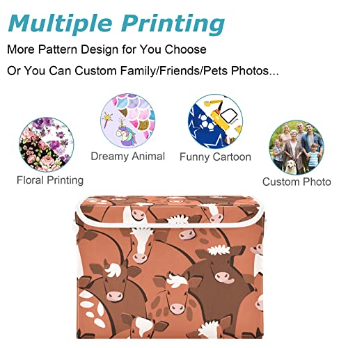 CaTaKu Cartoon Cow Animals Storage Bins with Lids and Handles, Fabric Large Storage Container Cube Basket with Lid Decorative Storage Boxes for Organizing Clothes