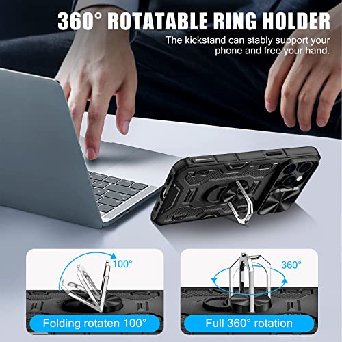 Caka for iPhone 14 Pro Max Phone Case with Stand & Slide Camera Cover & Belt Clip Holster, Built-in 360° Rotate Ring Holder Magnetic Protective Phone Case for iPhone 14 Pro Max 2022 - Black