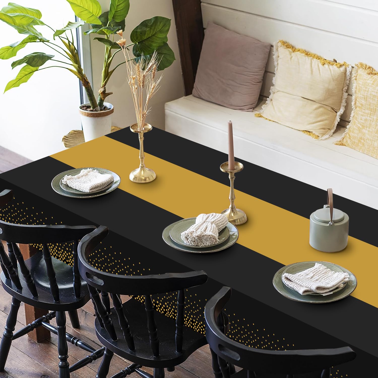 byojia 4 Pack 2in1 Disposable Plastic Tablecloths 54" x 108" Black and Gold Dot Kitchen Table Cloth Rectangle Table Cover for Wedding Birthday Baby Shower Anniversary Christmas Graduation