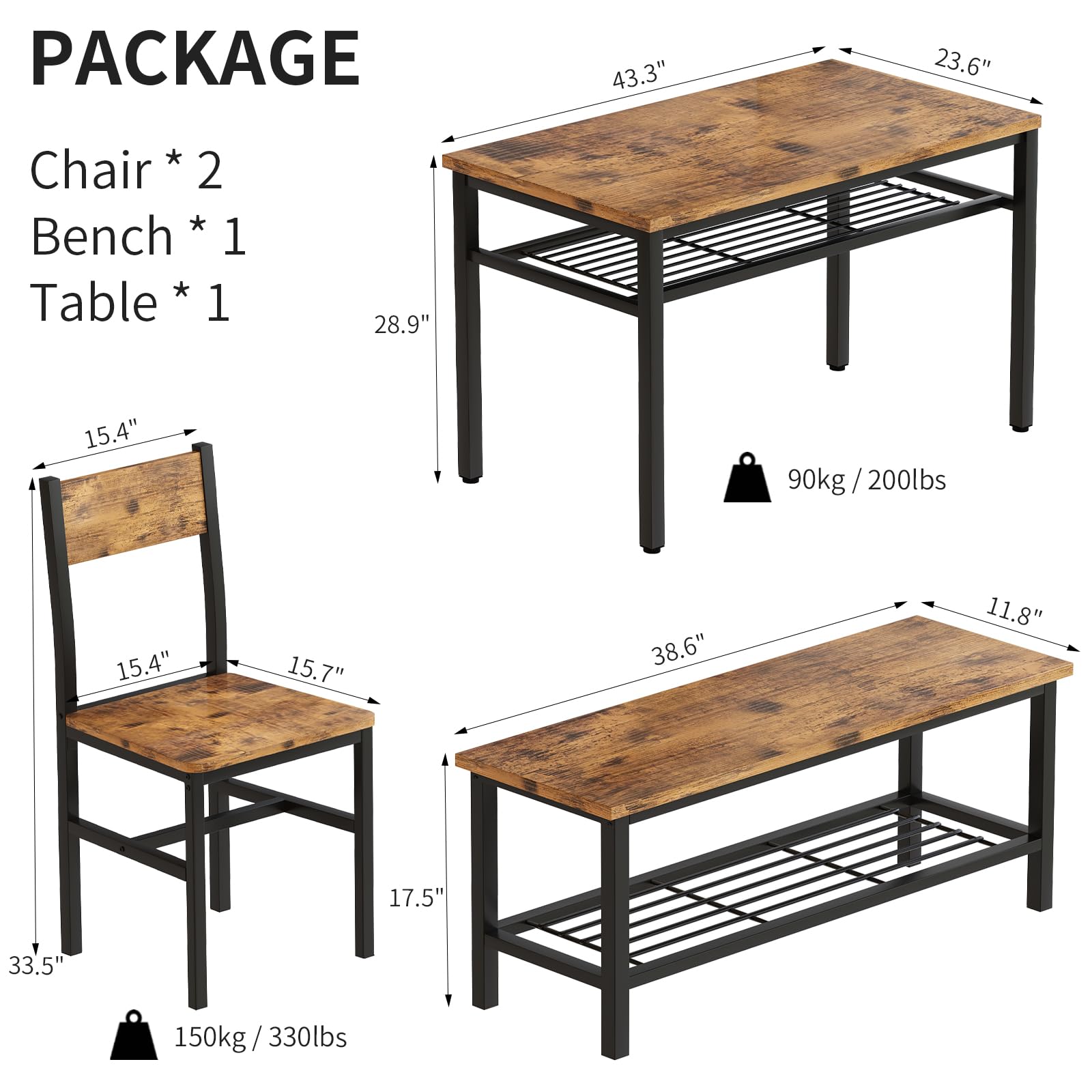 AWQM 4 Pieces Kitchen Table Set, Industrial Dining Table with 2 Chairs and Bench, Storage Racks, Space-Saving Table Set for Small Space, Apartment, Living-Room, Restaurant, Vintage Brown