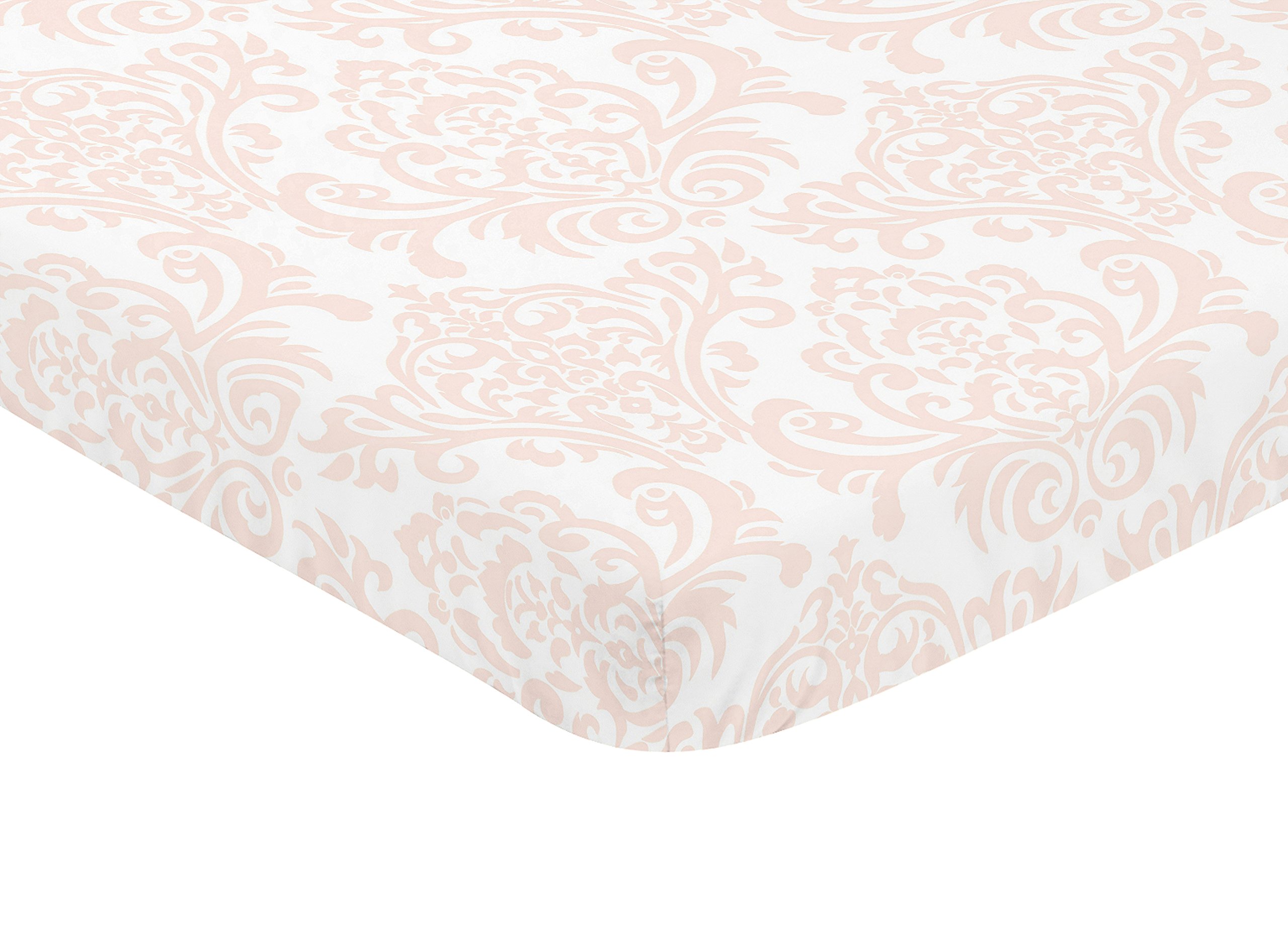 Sweet Jojo Designs Damask Baby Girl Fitted Portable Crib Sheet for Amelia Collection, for Mini Crib or Pack & Play Only, Blush Pink and White