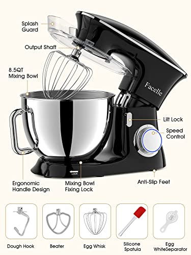 Facelle Stand Mixer, 8.5 Quart Electric Mixer, 660W 6-Speed Tilt-Head Kitchen Electric Food Mixer with Beater, Dough Hook and Wire Whip, Black