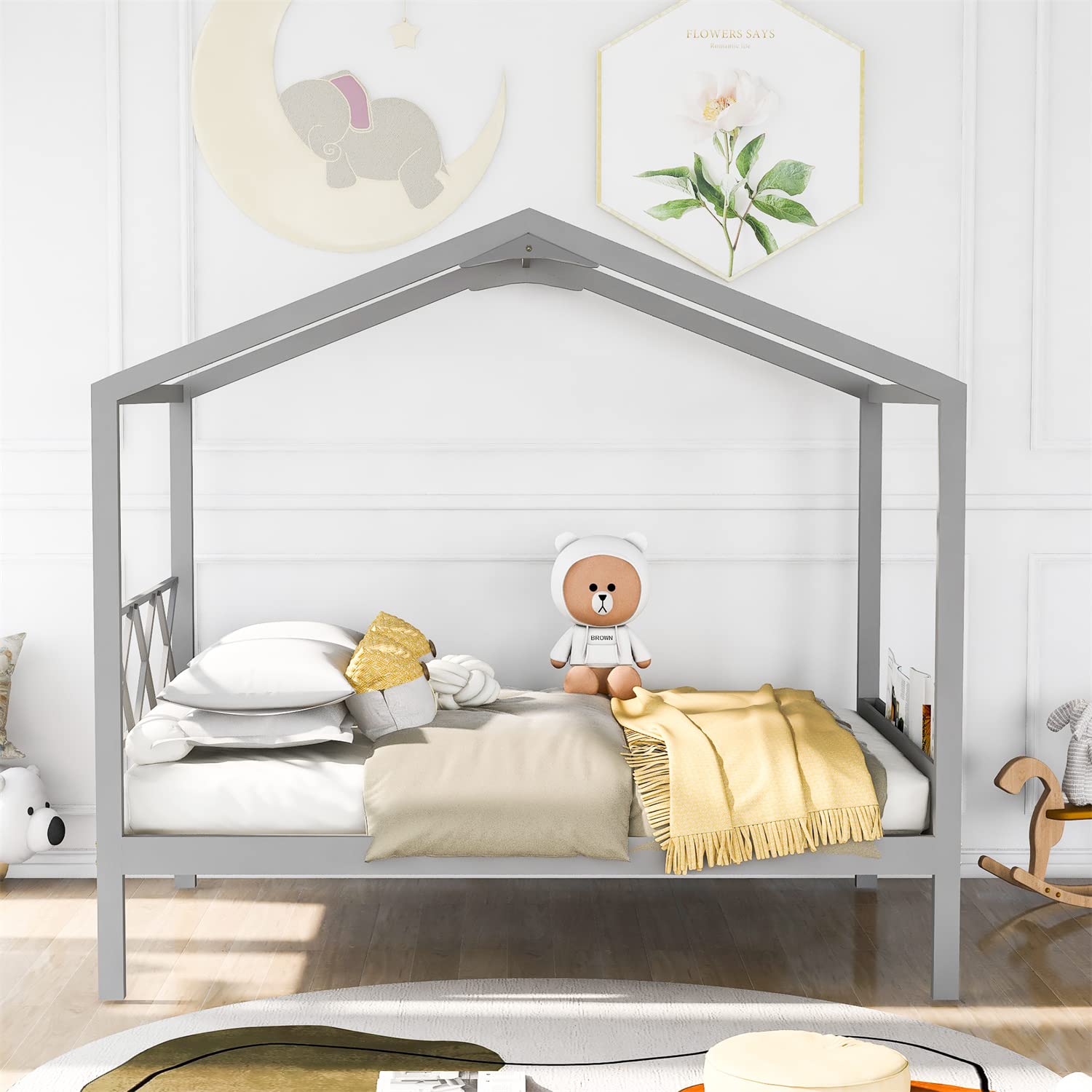 Bellemave Full Size House Beds Kids Montessori Bed with Headboard and Storage Footboard Wood Cabin Frame for Girls Boys Teens, Gray