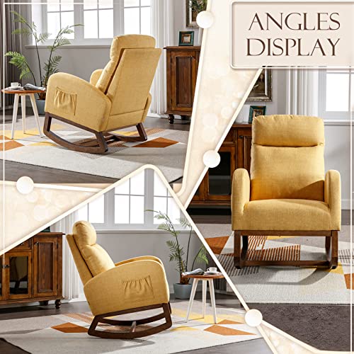 KINFFICT Comfy Rocking Chair, Upholstered Accent Glider Rocker for Baby Nursery or Relaxation, Living Room Armchair with High Back and Headrest, Modern Rocking Glider with Side Pocket, Yellow